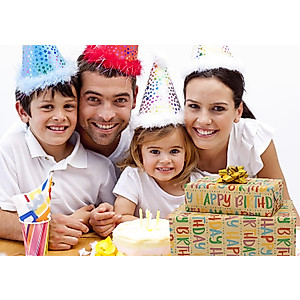 CAMKUZON Kraft Birthday Wrapping Paper Roll with Cutlines - Colorful Happy Birthday Text and Star Design - Gift Wrap Paper for Birthday Celebration Baby Shower, 17.4 Inch