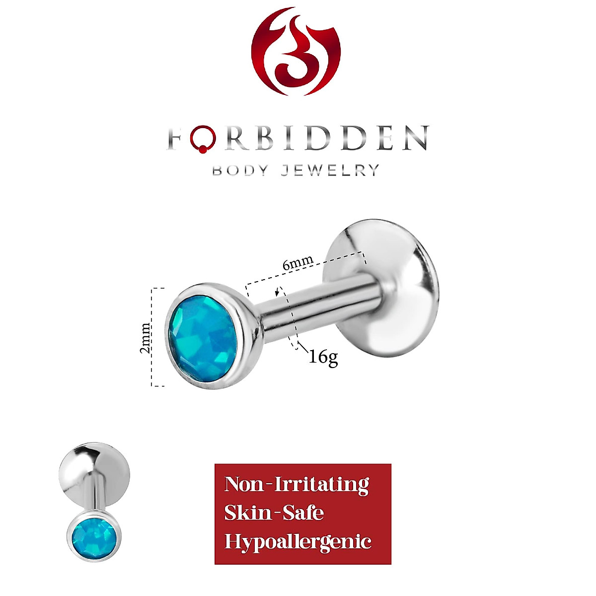 Forbidden Body Jewelry 16g 6mm Tragus Earring, Helix Earring & Labret Piercing, Internally Threaded 2mm Simulated Blue Opal Stud
