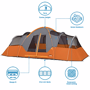 CORE 11 Person Large Multi Room Tent for Family Camping, Hiking and Backpacking | Best Portable Dome Camp Tent with Storage Pockets for Camping Accessories
