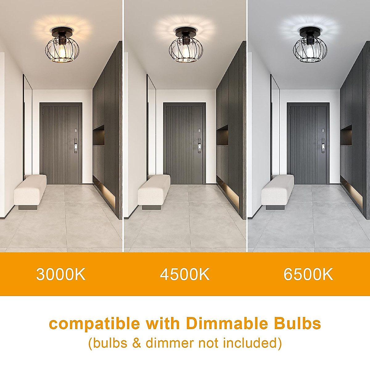 DELIPOP Semi Flush Mount Ceiling Light, Dimmable Small Metal Cage Hallway Light Fixtures Ceiling Lamps, Farmhouse Ceiling Light Fixture, Industrial Crystal Chandelier for Corridor Bathroom Kitchen