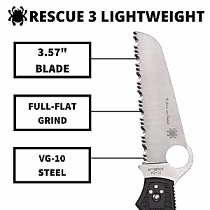 Spyderco Rescue 3 Lightweight Knife with 93mm Flat Ground Steel Blade and Tunnel to Towers Black FRN Handle - SpyderEdge - C14FSBKBL3