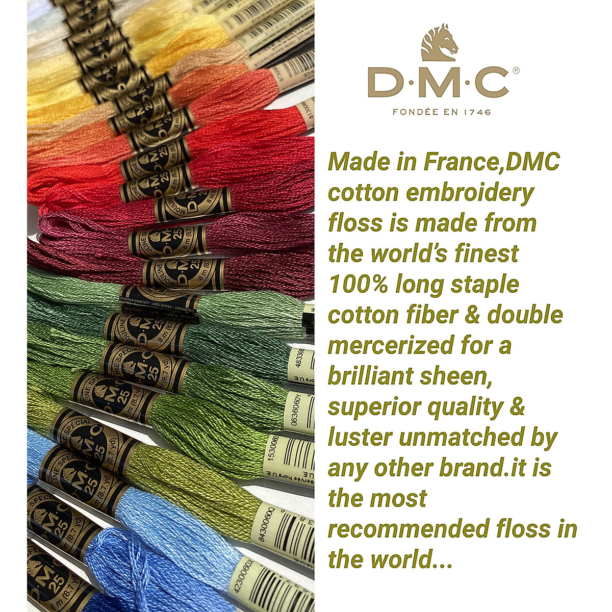 DMC Home Decor Embroidery Floss Set, Assortment Pack of 36 Cotton Thread Kit Bundle with Hand Embroidery Needle Size 3/9 and Threads of DMC Black/White.Cross Stitch String, Yarn Supplies