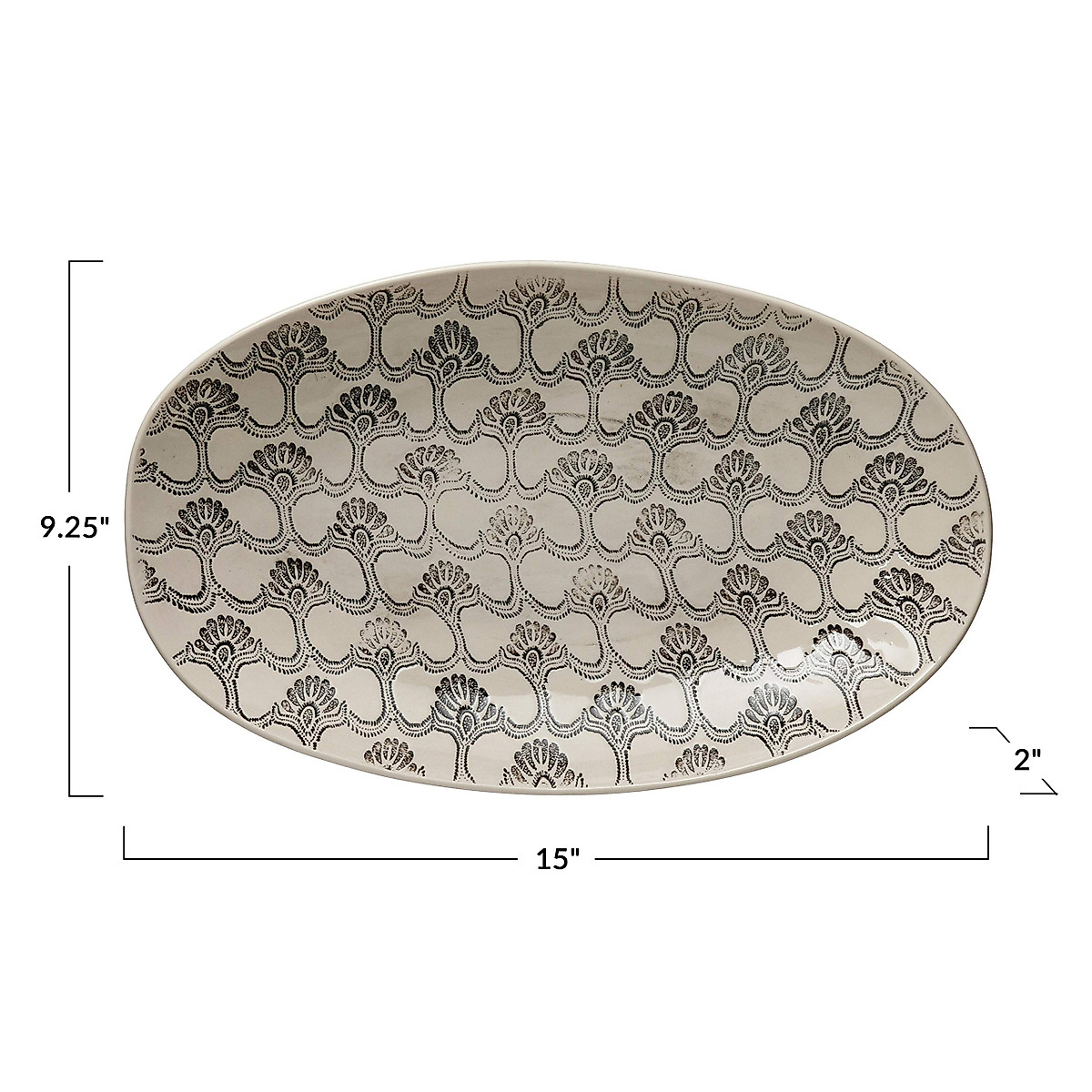 Creative Co-Op Hand-Stamped Stoneware Serving Bowl with Embossed Pattern, Black & Cream Color