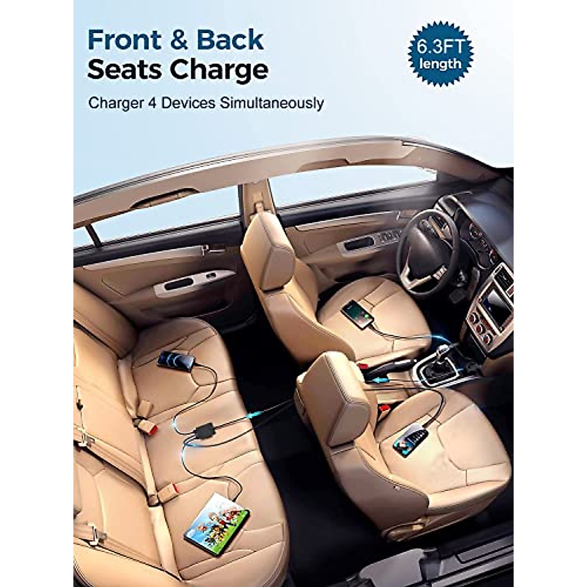 Car Charger USB C, 74W Fast USB Car Charger Adapter with PD 3.0/QC3.0 Type C Car USB Charger Multi Port with 6.3FT Cable for Front & Back Seat Fast Charging Compatible with iPhone, Samsung, IPad ect