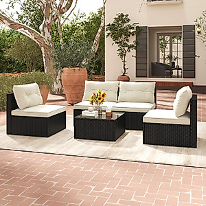 Tangkula 5 Piece Rattan Sofa Set, Patiojoy Outdoor Wicker Furniture Set with Seat & Back Cushions, Square Coffee Table, Patio Sectional Sofa Set for Backyard, Poolside, Garden