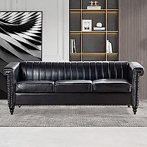 KUVENQIW Black Couches for Living Room Faux Leather Sofa Classic Large 3 Seater Couch Mid Century Modern Couch Deep Stripe Tufted Sofa for Bedroom, Office, Apartment.(Black)