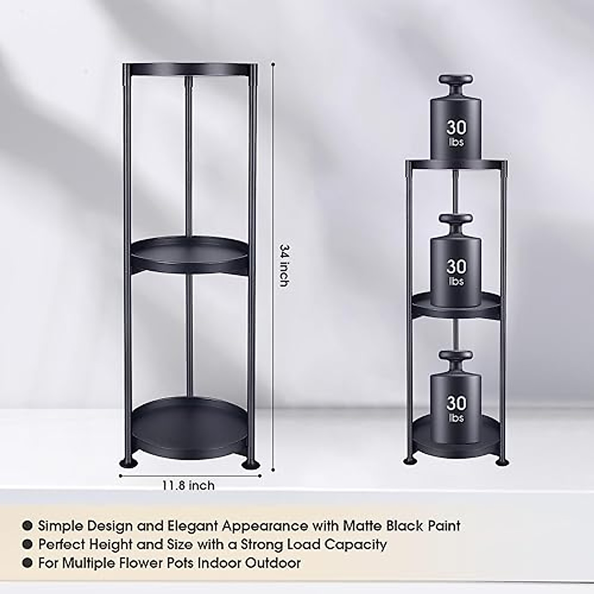 3 Tier Plant Stand Indoor Outdoor 34'' Extra-Tall Metal Plant Stands for Potted Plants Multiple Tiered Plant Shelf Vertical Black Iron Planter Rack Large Flower Pot Holder Table for Patio Corner