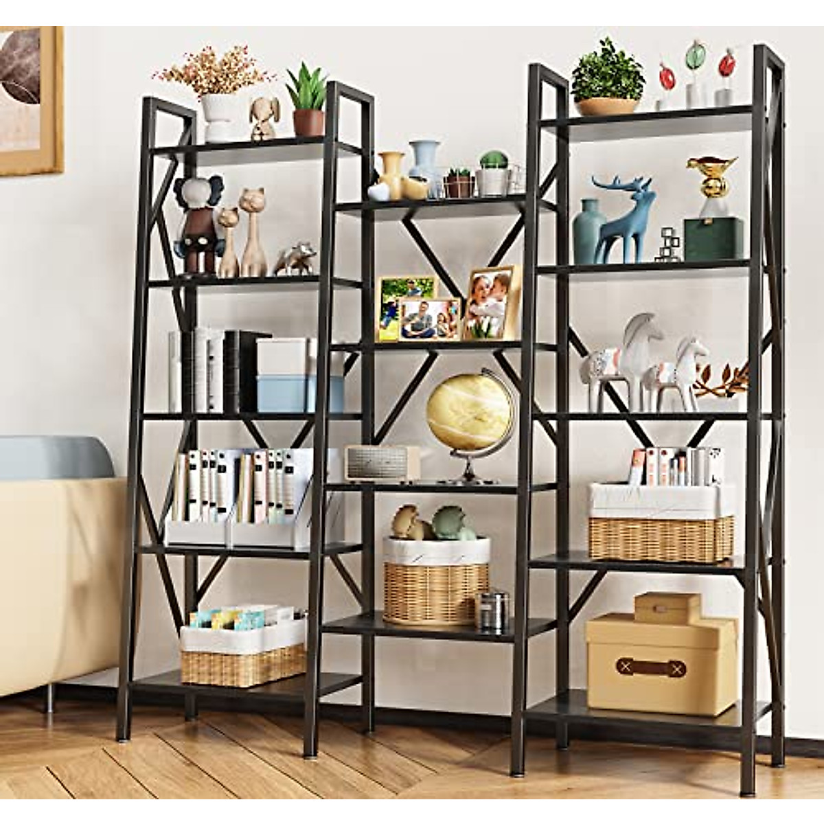 Gizoon Modern Triple Wide 5 Tiers Bookshelf with Storage,Industrial Bookcase with 14 Open Display Shelves, Large Etagere for Living Room/Home/Office-Black