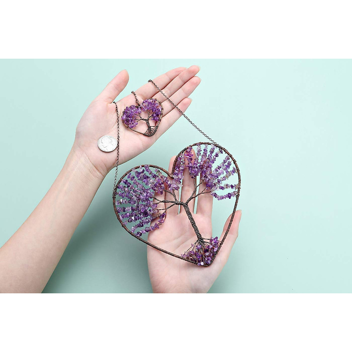 PESOENTH Amethyst Heart Life Tree Dream Catcher Hanging Ornament Bohemian Purple Double Hearts Life Tree Wall Art Window Car Hanging Decorations for Home Bedroom Decor