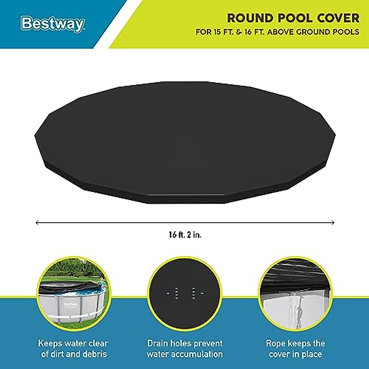 Bestway Round PVC 16 Foot Pool Cover for Above Ground Pro Frame Pools with Drain Holes and Secure Tie-Down Ropes, Black (Cover Only)
