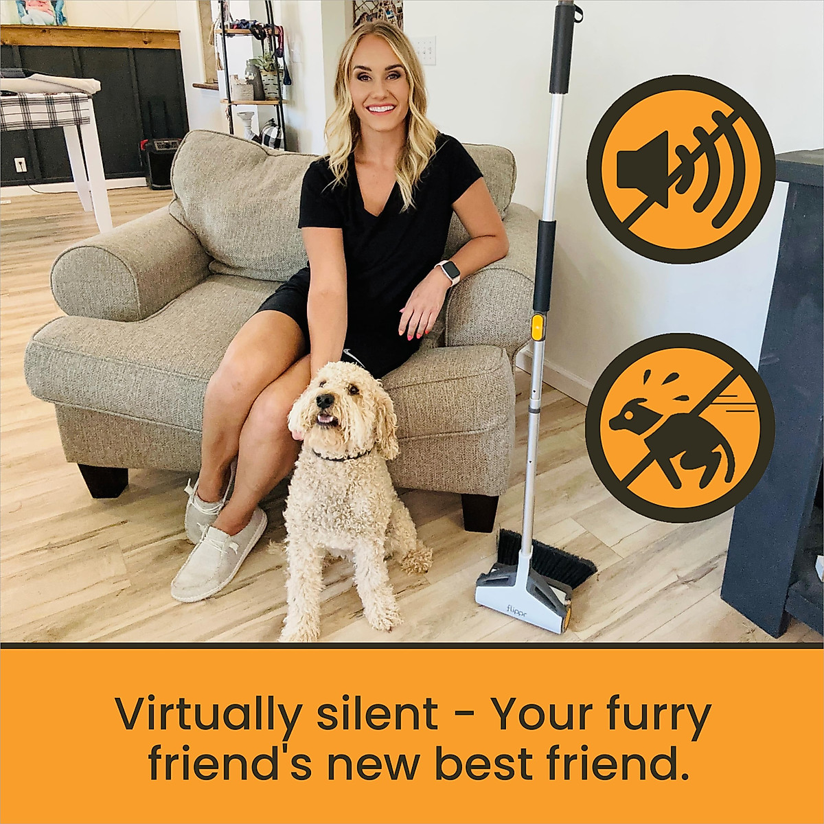 Flippr Sweeper Broom with Integrated Dustpan – Flip Between Broom and Sweeper – One Convenient Tool for Quick Cleanups - No Bending Down, Lightweight, No Noise