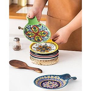 Ceramic Spoon Rest for Stove Top, Large Spoon Holder for Kitchen Counter, Cooking Utensil Rest for Ladle, Spatula, Tongs, Housewarming Gifts Set of 6 - Bohemian Style