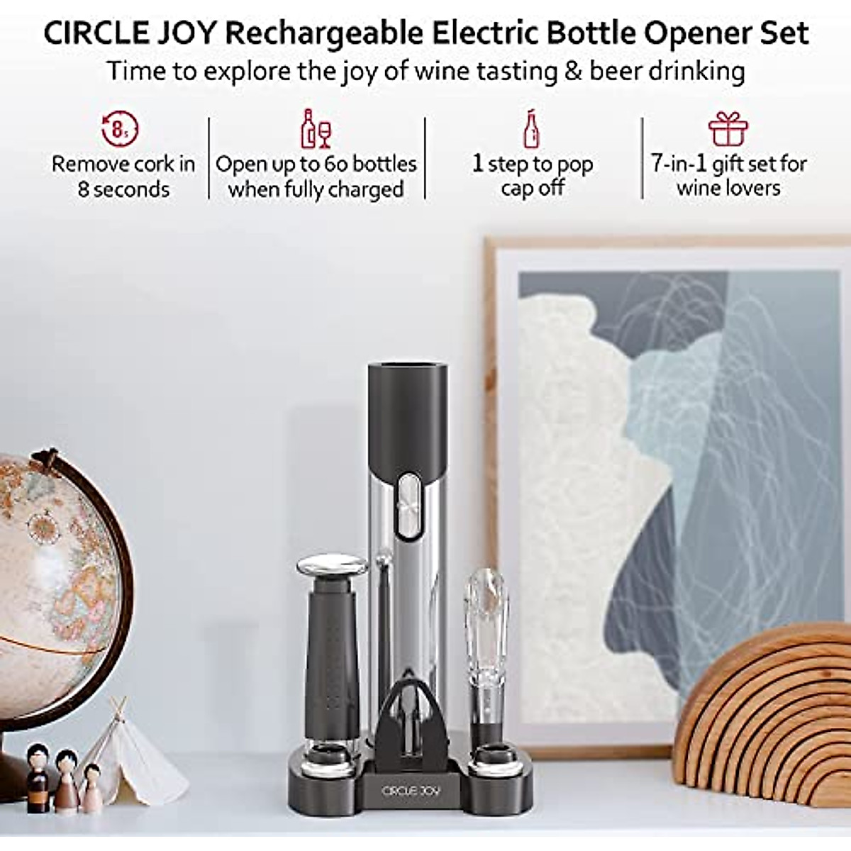 CIRCLE JOY Electric Wine Opener Set Automatic Wine Opener Kit for Wine and Beer Cordless Electric Wine Bottle Openers Gift Set with Foil Cutter, Aerator Pourer, Vacuum Pump and 2 Wine Stoppers