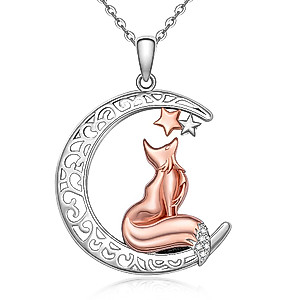 Jewlikee Fox Necklace Animal Fox Pendant 925 Sterling Silver Celtic Moon Cute Foxes Gifts