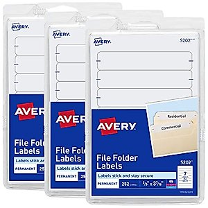 Avery Easy Peel File Folder Labels on 4" x 6" Sheets, 2/3" x 3-7/16", White, 3 Pack, 756 Labels Total (32131)