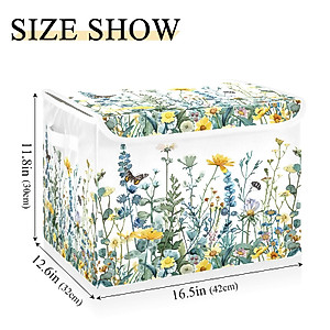 Wassud Storage Bins with Lids Spring Floral Collapsible Stackable Fabric Linen Baskets Closet Organizer Container,16.5"x12.6"x11.8"