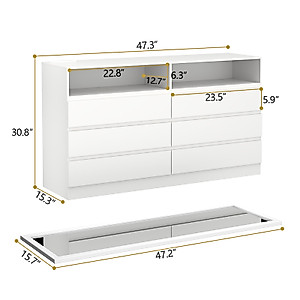 Gyfimoie Dresser for Bedroom with Full Length Mirror 48"x16", White Storage Dresser with Power Outlet, 6 Drawer Dresser with LED Light, Modern Dressers with Charging Station(White)