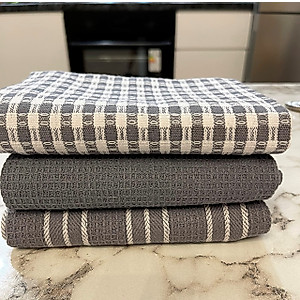 Akma's textile 100% Natural Cotton Kitchen Towels (17”x 28”, 3 Pack), Set of 3 Waffle Weave Tea Towels, Highly Absorbent Cloth Dish Napkins, Quick Drying Dish Towels, Classic Cloth Napkins, Dark Gray
