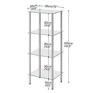 HOOBRO Glass Shelf, 4 Tier Standing Shelf Unit, Durable Glass Shelving Stand for Small Space, Space-Saving, for Bathroom, Bedroom, Home Office, Tempered Glass, Steel Frame, Silver SV04CJ01