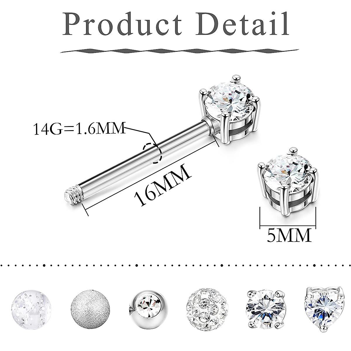 FINREZIO 8 Pairs 14G Nipple Rings 316L Surgical Steel Heart CZ Tongue Barbell Body Piercing Shield Ring Set 5/8 Inches(Silver tone)