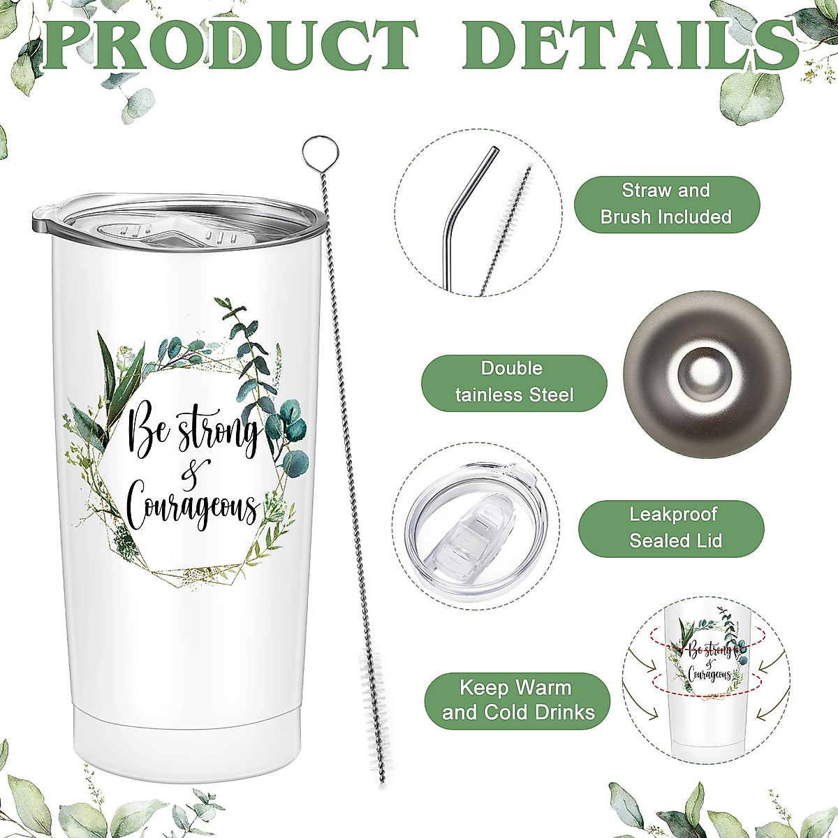 Sieral 3 Pcs Christian Gifts for Women Faith Be Still and Know Be Strong and Courageous Inspirational Travel Mug Tumbler Christian Prayer Candle Religious Bible Verse Cosmetic Bag for Mother(Strong)