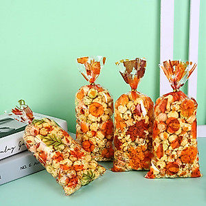 Kistreao Thanksgiving Cellophane Treat Bags Clear Fall Pumpkin Maple Leaf Candy Bags Plastic Goodie Cookie Gift Bags with Twist Ties for Autumn Harvest Thanksgiving Party Supplies 50Pcs (B)