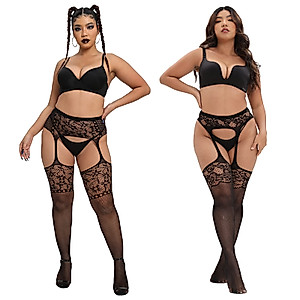 MANZI Plus Size Stockings Thigh High Fishnet Stockings Suspender Patterned Tights for Women Pattern B Floret Pack of 2