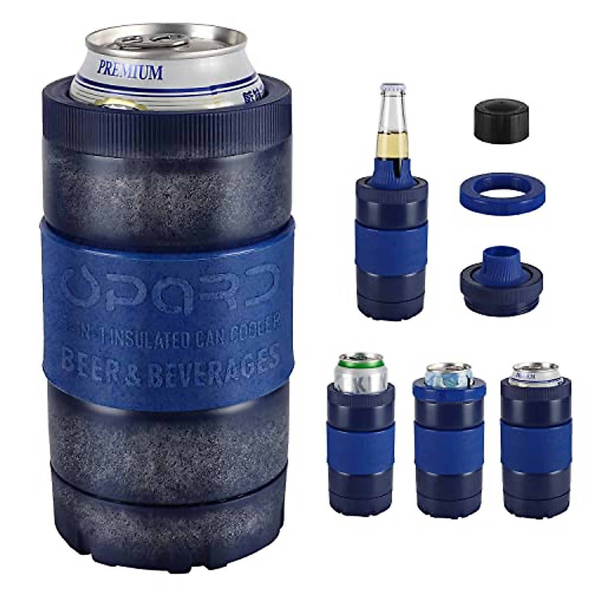 Opard 5 in 1 Freezable Can Cooler, Double-wall Insulated Stainless Steel Can Cooler for 12oz Slim and Standard Can, 16oz Can, 12oz Beer Bottle (Navy)