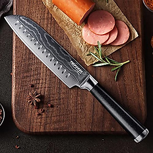 Damascus Santoku Knife 7 Inch, VG-10 67 Layer Damascus Steel Japanese Knife, Razor Sharp Kitchen Knife with Solid G10 Handle, Professional Cooking Knife with Gift Box