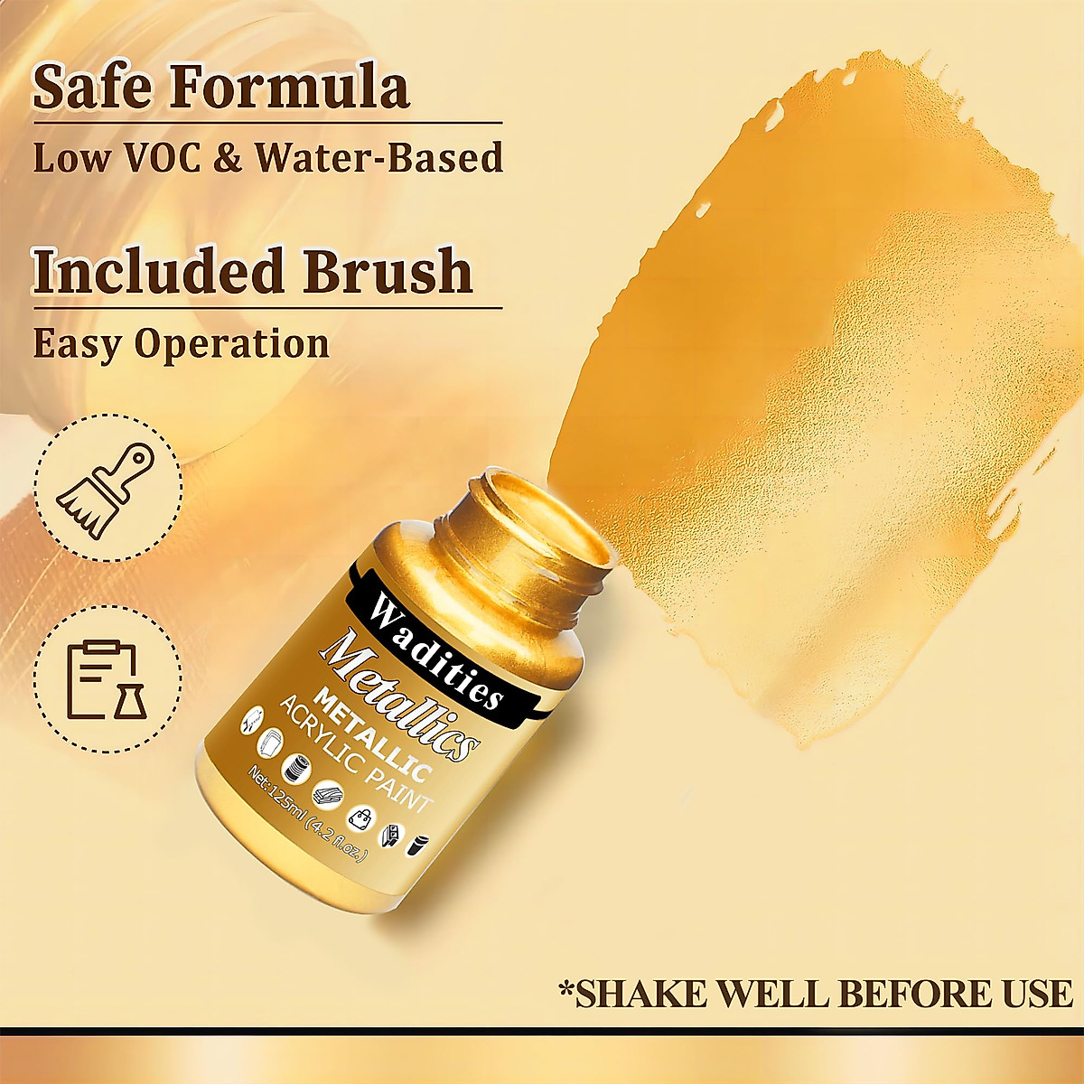 Wadities Acrylic Paint Metallic Gold, 250ml Gold Leaf Paint for Art Painting, Ideal for Canvas, Wood, Clay, Fabric, Ceramic, Stone, Glass Craft Supplies