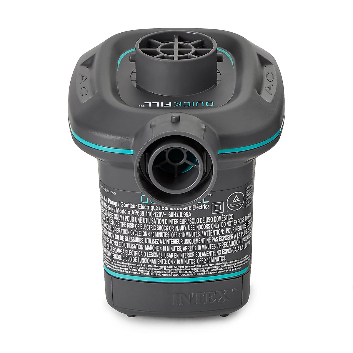 INTEX 66639E QuickFill 120 Volt AC Electric Pump: Inflates and Deflates Air Mattresses – Includes 3 Interrconnecting Nozzles – Compact Design – 650 L/Min Air Flow – Indoor Use