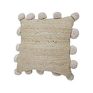 LR Home Natural Jute Poms Border Throw Pillow, 1 Count (Pack of 1), Tan