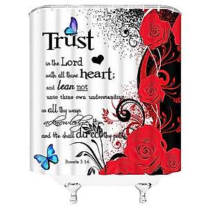 Inspirational Quote Bath Mat Red Rose Flower Butterfly Trust in The Lord with All Thine Heart Abstract Floral Art Bathroom Rug Decor