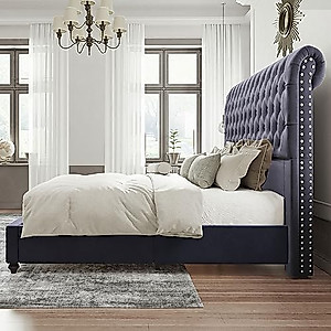 Jocisland Upholstered Bed Frame Queen Size Velvet Tufted Bed Frame Sleigh Headboard Silver Gray