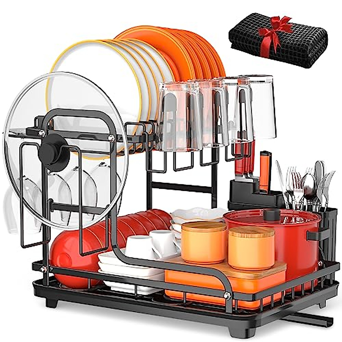 Stofiro 2 Tier Dish Drying Rack with Drainboard & 4 Pack Magnetic Spice Rack for Refrigerator