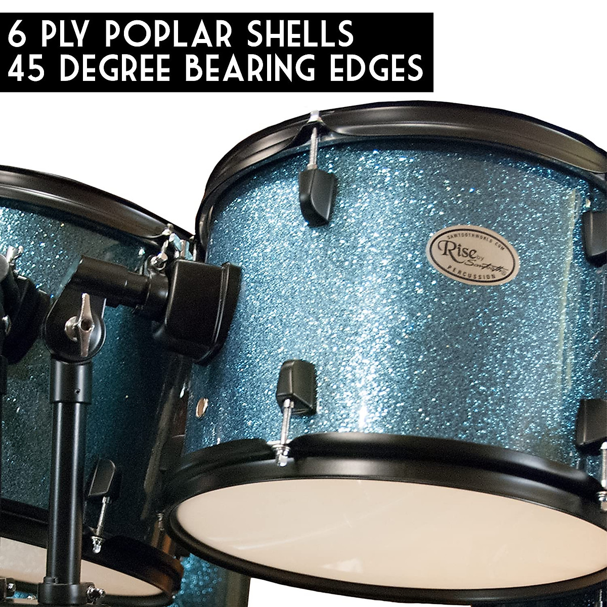 Rise by Sawtooth Full Size 5-Piece Student Drum Set with Hardware and Cymbals, Red Sparkle