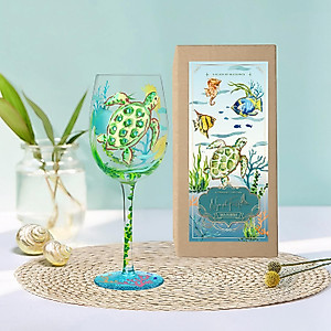 NymphFable 100% Hand-Painted Wine Glass Ocean Turtles Seagrasses Glass Artisan Painted Glass 15oz Gift for Friend Family (1 Piece)