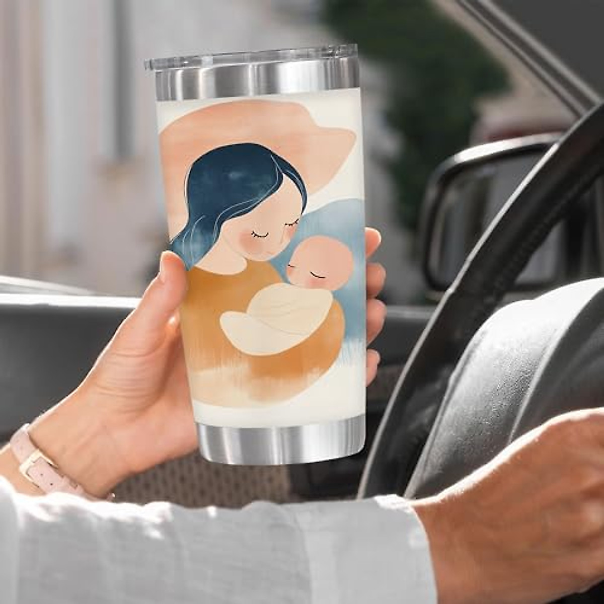 FOCIUZTA 20oz Whimsical Maternal Illustration Tumbler with lid, Travel Coffee Cup, Ideal for Easter, Mother Day, and birthday gifts