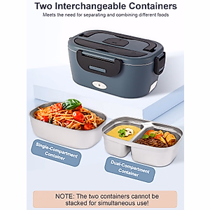 SOHIDA Heated Lunch Box, 80W Electric Lunch Box with Two 1.5L Stainless Steel Interchangeable Containers and Lids, 12V/24V/110V Food Warmer with Utensils and Insulated Bag for Car/Truck/Office (Black)