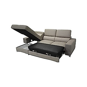 DOLMAR BAZALT Beige Modern Full Grain Leather Sectional, Full Size Sleeper Sofa with Storage, Left Corner Made in Europe