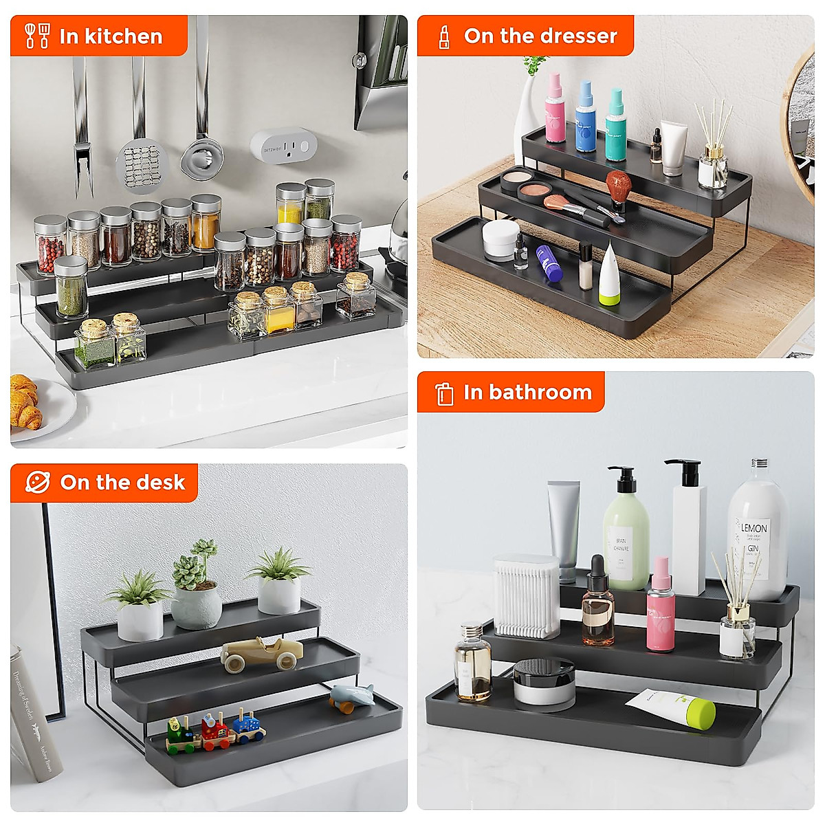 INVOCOO Expandable Spice Rack Organizer for Cabinet - 3 Tier Adjustable Cabinet Spice Organizer Easy Visibility - Spice Organizer for Cabinet Countertop Cupboard Pantry Organization (Black)