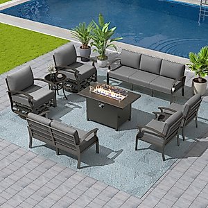 Piltwoff 8 Piece Patio Furniture Set,9-Seat Modern Metal Outdoor Conversation Sets w/45in 55000BTU Propane Fire Pit Table,Swivel Rocking Chairs Patio Sectional Sofa w/Coffee Table,Grey
