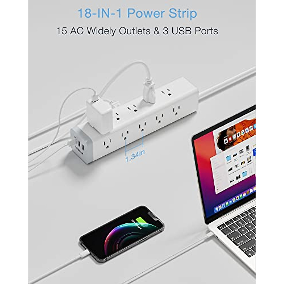 Surge Protector Power Strip 15 Outlets, TESSAN 1875W 15A Extension Cord with Multiple Outlets 6 ft, 3 USB Charging Ports, 1050J, Mountable, Flat Plug, Home Office College Dorm Room Essentials