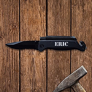 Custom Engraved Survival Rescue Tactical Pocket Knife - Customized Personalized Groomsmen Knife Gifts (Black)