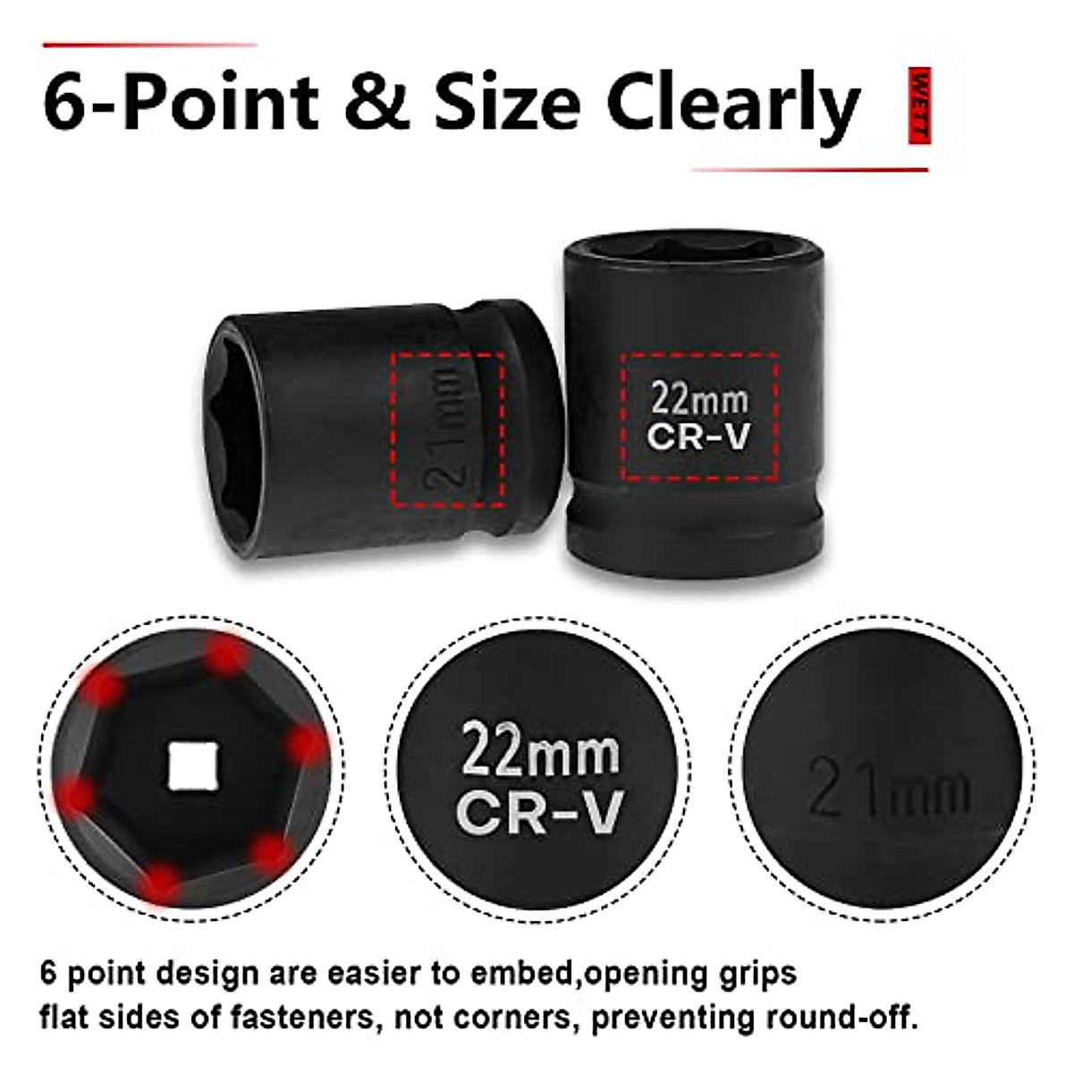 WETT 1/2-Inch Drive Socket Wrench Set, 23 Piece Impact Socket Sets, Shallow SAE/Metric, 13mm-24mm, 7/16"-1", 72 Teeth Quick Release Ratchet, Adapter and Extension Bar