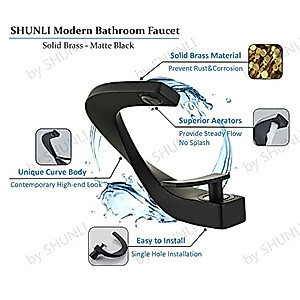SHUNLI Modern Black Bathroom Faucet, Unique Curved Design Single Hole Bathroom Sink Faucet, Lavatory Vanity Mixer Taps Contemporary Bath Faucets (Matte Black,Solid Brass)