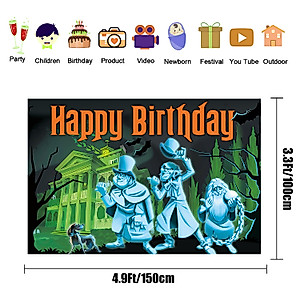 5x3FT Haunted House Birthday Decorations Banner, Halloween Haunted House Decor Happy Birthday Banner, Cartoon Halloween Haunted House Birthday Party Supplies Photography Decorations