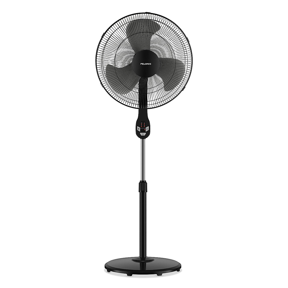 PELONIS 18" Quiet Oscillating Pedestal Fan with LED Display, Remote Control, 3 Speeds and Modes, 7.5h Programmed Timer for Home and Office, Glossy Black