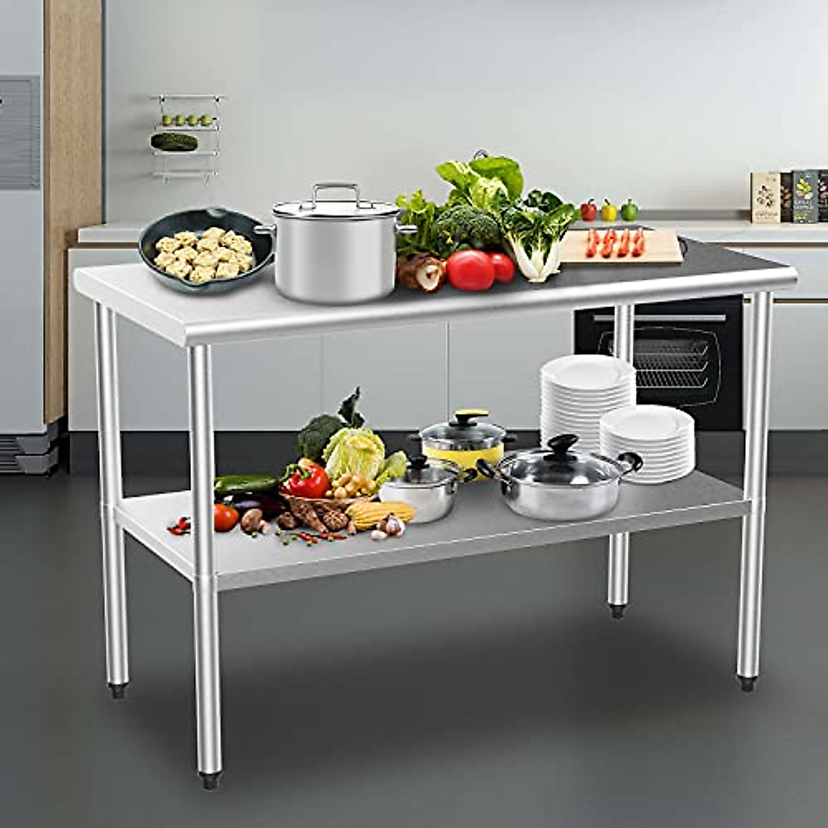 ROVSUN 48'' x 24'' Stainless Steel Table for Prep & Work,Commercial Worktables & Workstations,Heavy Duty Metal Table with Adjustable UnderShelf for Kitchen, Restaurant,Home,Hotel,Outdoor
