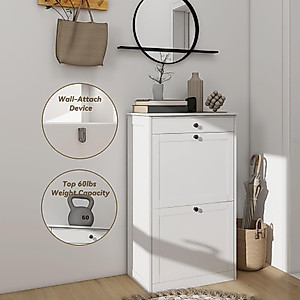 FTZxHKLX Shoe Cabinet with 2 Flip Drawers, Slim Freestanding Hidden Shoe Organizer with Drawer, Pet-Proof Shoe Storage Cabinet for Entryway Living Room Behind The Door, White